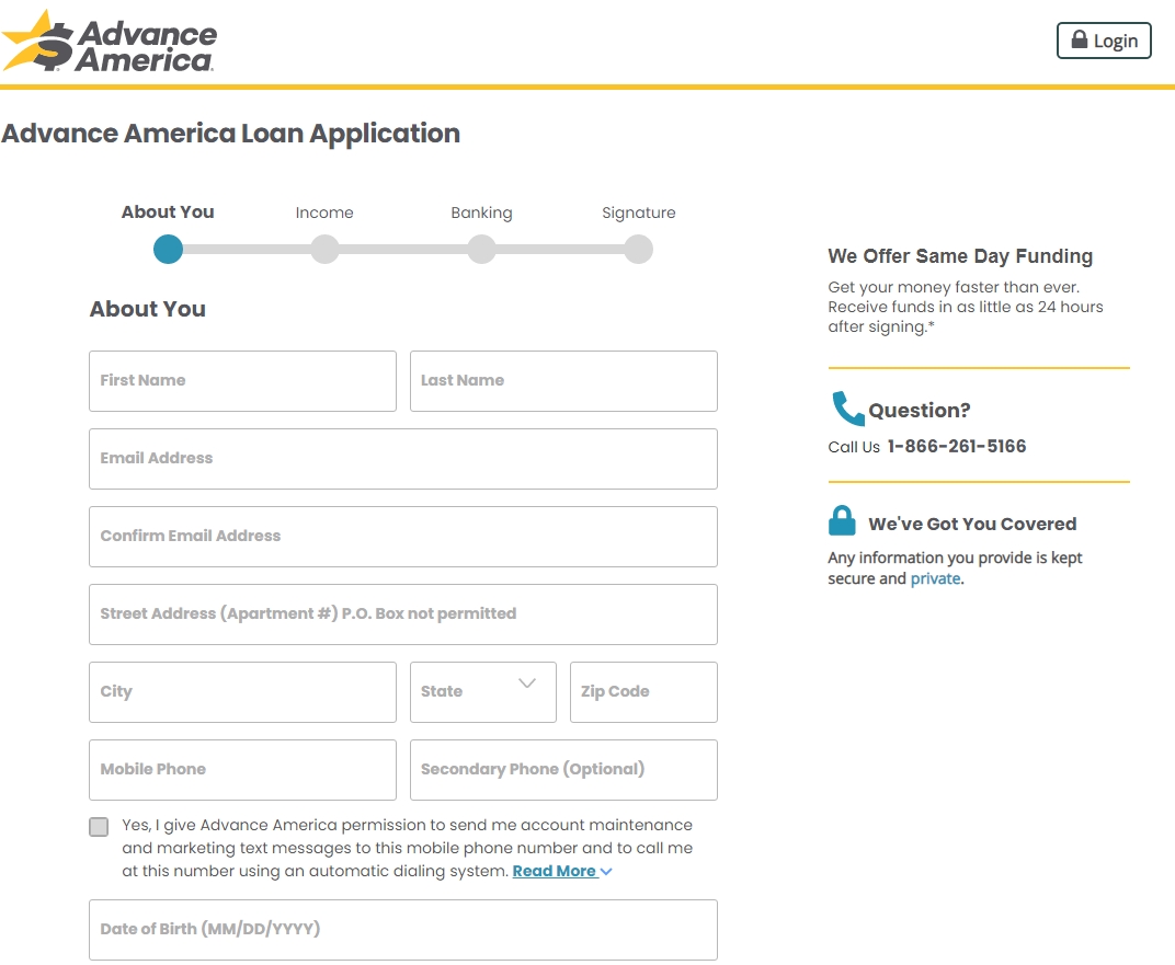 Personal account at Advance America: apply for an online loan, step-by ...